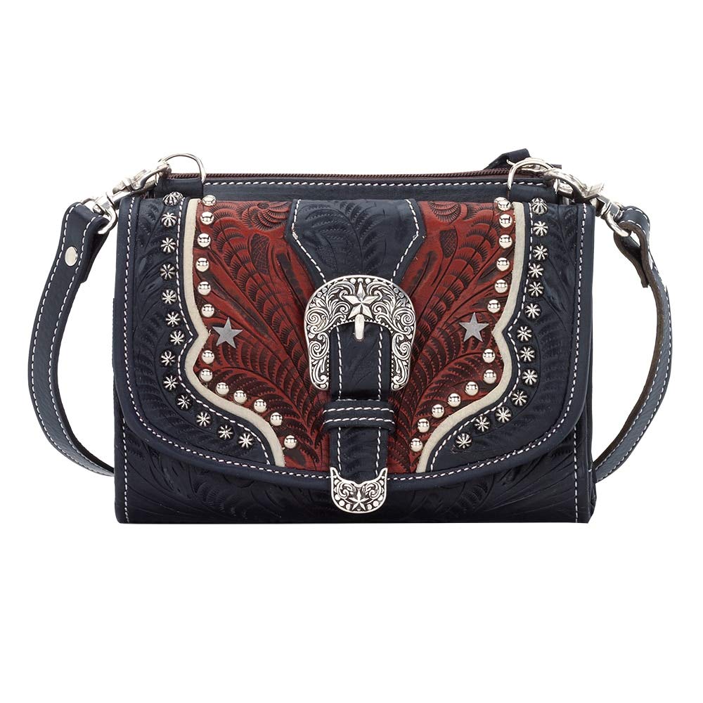 American West Western Leather Crossbody with Wallet for Women - Navy