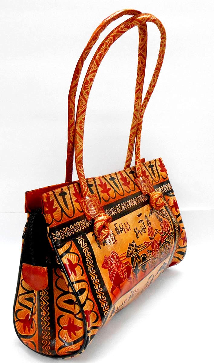 Crafts of India Krishna giving Gita Updesa to Arjuna Design Ethnic Hand Embossed Shantiniketan Leather Indian Shoulder Bag