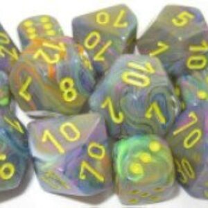 Chessex Dice: Polyhedral 7-Die Festive Dice Set - Rio Marble Swirl with Yellow Pips