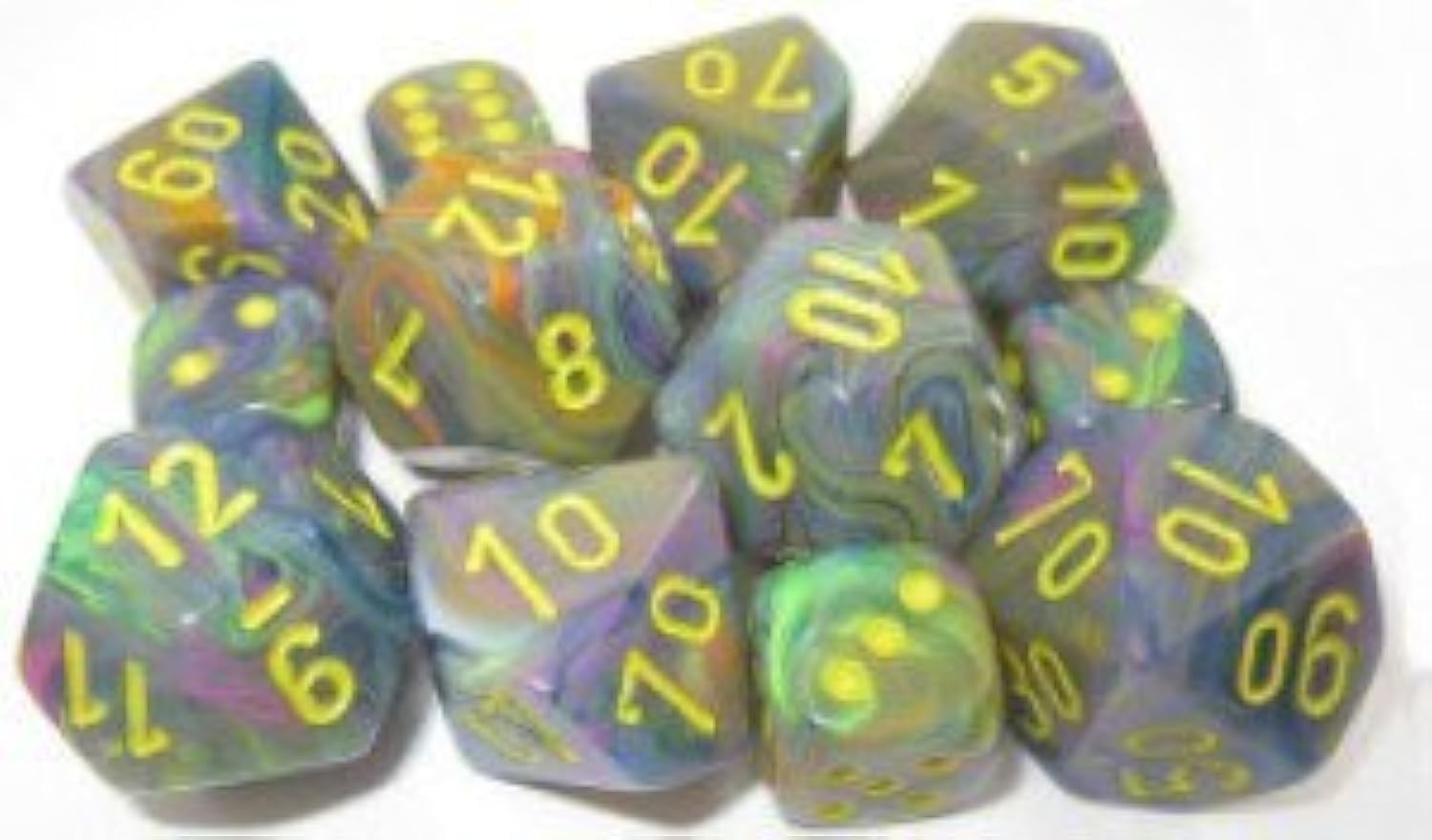 Chessex Dice: Polyhedral 7-Die Festive Dice Set - Rio Marble Swirl with Yellow Pips