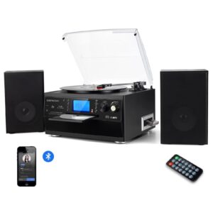 digitnow bluetooth record player turntable with stereo speaker, lp vinyl to mp3 converter with cd, cassette, radio, aux in and usb/sd encoding, remote control, audio music player built in amplifier