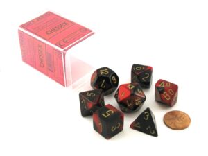 chessex manufacturing polyhedral 7-die gemini dice set: black & red with gold (d4, d6, d8, d10, d12, d20 & d00) chx-26433