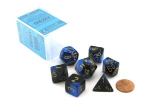 chessex dice fba_26435 polyhedral 7-die gemini set - black-blue with gold chx-26435, multicolor