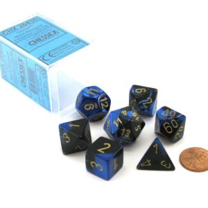 Chessex Dice FBA_26435 Polyhedral 7-Die Gemini Set - Black-Blue with Gold Chx-26435, Multicolor