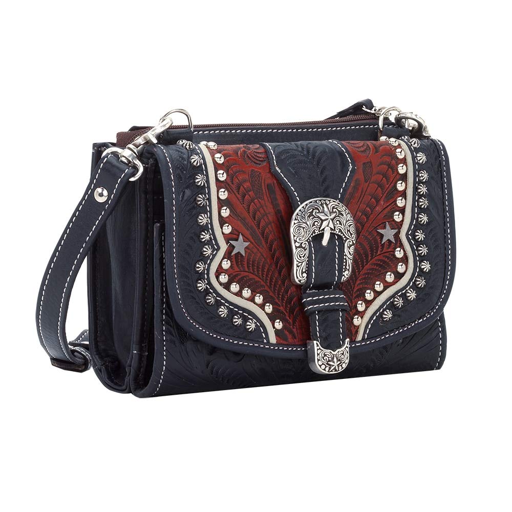 American West Western Leather Crossbody with Wallet for Women - Navy