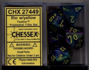 chessex dice: polyhedral 7-die festive dice set - rio marble swirl with yellow pips