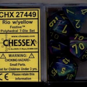 Chessex Dice: Polyhedral 7-Die Festive Dice Set - Rio Marble Swirl with Yellow Pips