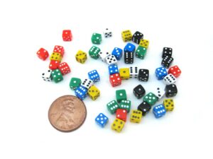 koplow games 1816x 50 six sided d6 .197" die small tiny mini miniature multicolored dice, 5 mm, white/black/red/green/blue/yellow, 5mm (pack of 50)