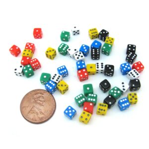 Koplow Games 1816x 50 Six Sided D6 .197" Die Small Tiny Mini Miniature Multicolored Dice, 5 mm, White/Black/Red/Green/Blue/Yellow, 5mm (Pack of 50)