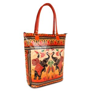 Twin Royal Elephants Design Ethnic Hand Embossed Shantiniketan Leather Indian Shopping Bag