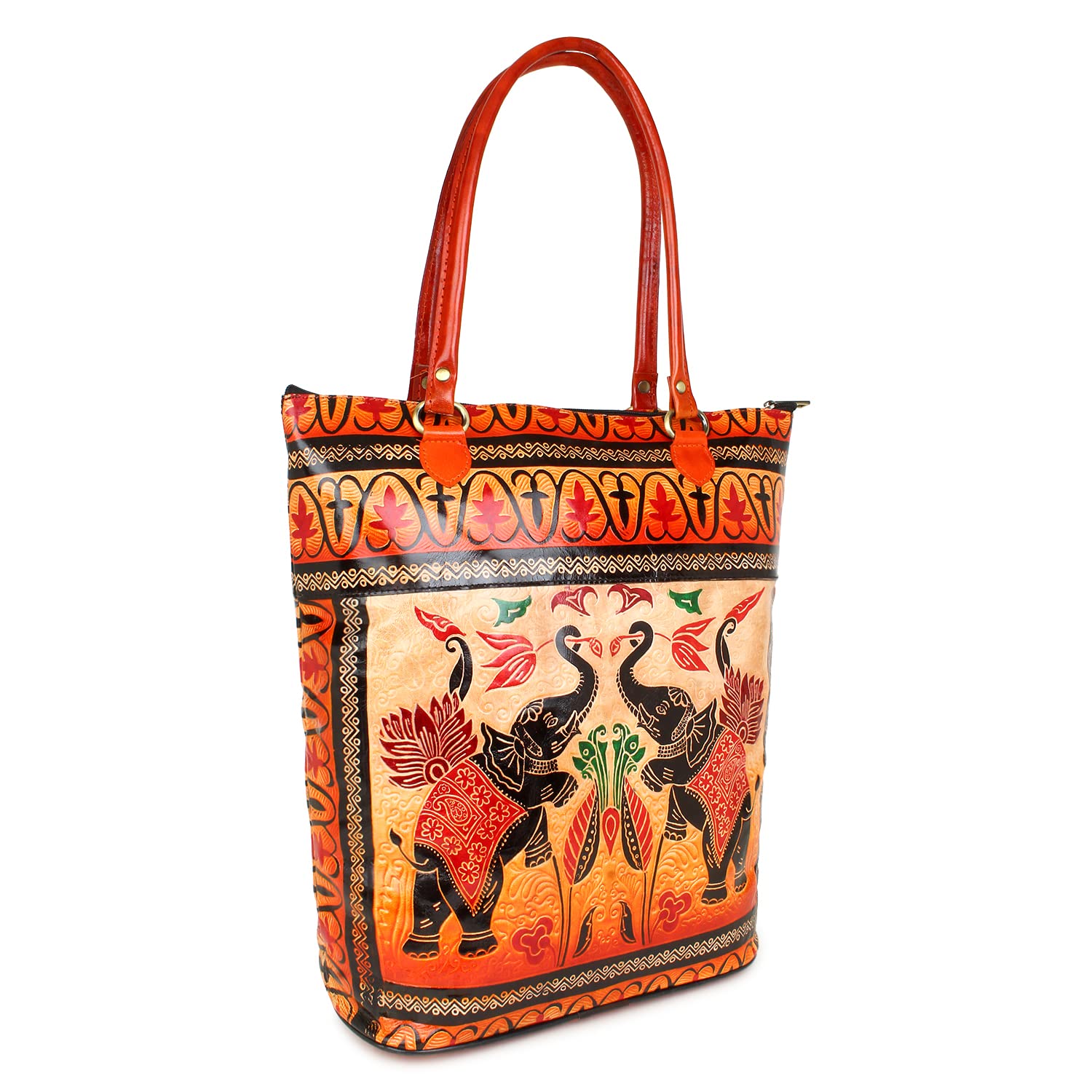 Twin Royal Elephants Design Ethnic Hand Embossed Shantiniketan Leather Indian Shopping Bag