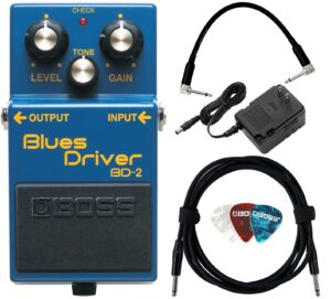 boss bd-2 blues driver bundle with power adapter, 10ft instrument cable, 6in patch cable, and picks