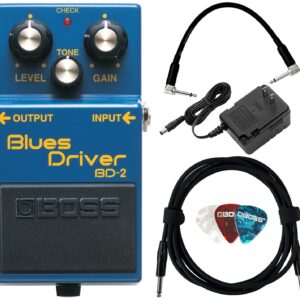 Boss BD-2 Blues Driver Bundle with Power Adapter, 10ft Instrument Cable, 6in Patch Cable, and Picks