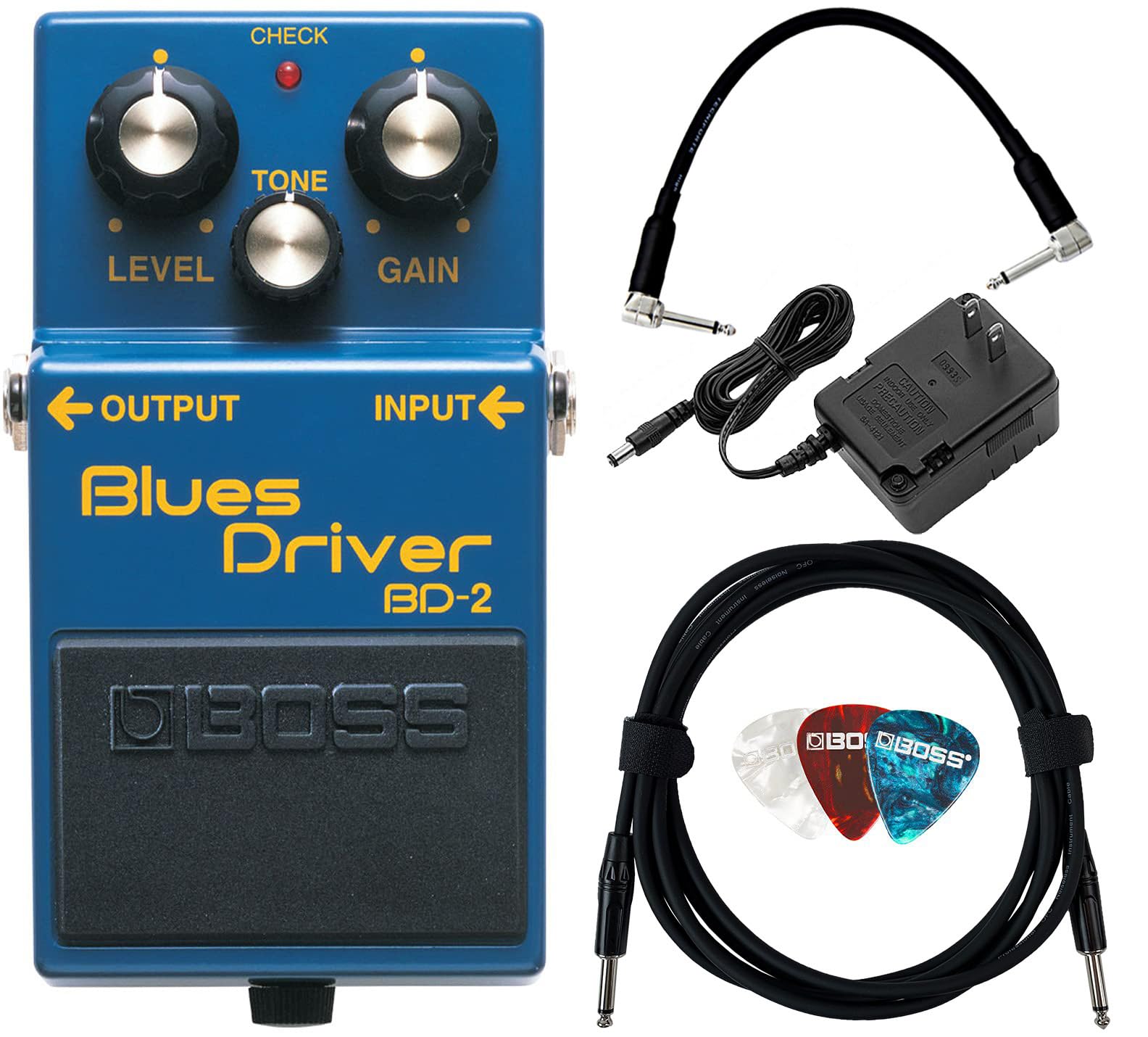 Boss BD-2 Blues Driver Bundle with Power Adapter, 10ft Instrument Cable, 6in Patch Cable, and Picks