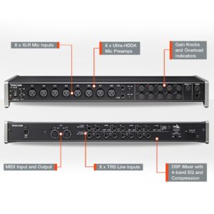 Tascam US-16x08 Rackmount USB Audio/MIDI Interface for Recording, Drum Recording, 8 XLR/8 1/4" Inputs, 8 Outputs, Control Software,Black