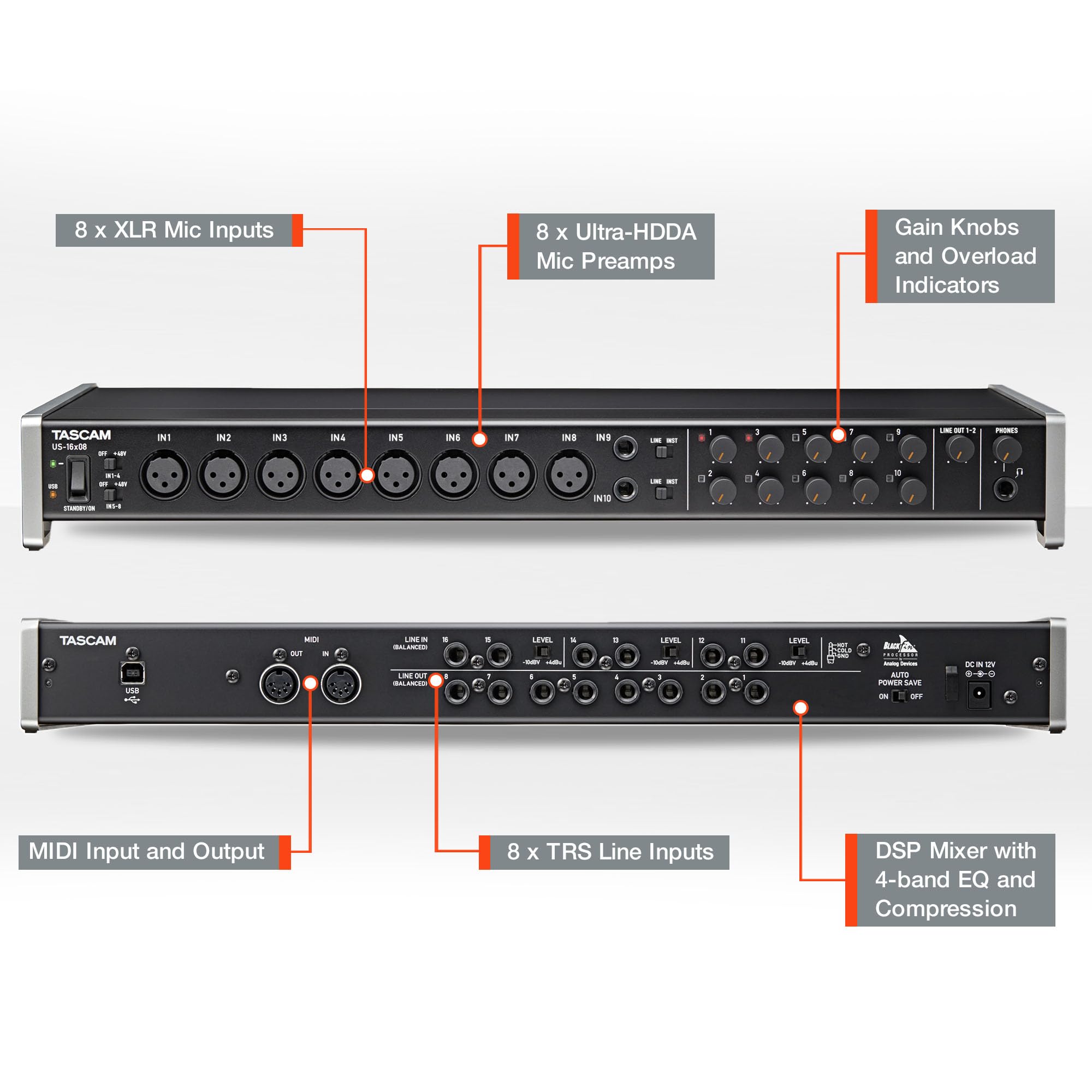 Tascam US-16x08 Rackmount USB Audio/MIDI Interface for Recording, Drum Recording, 8 XLR/8 1/4" Inputs, 8 Outputs, Control Software,Black