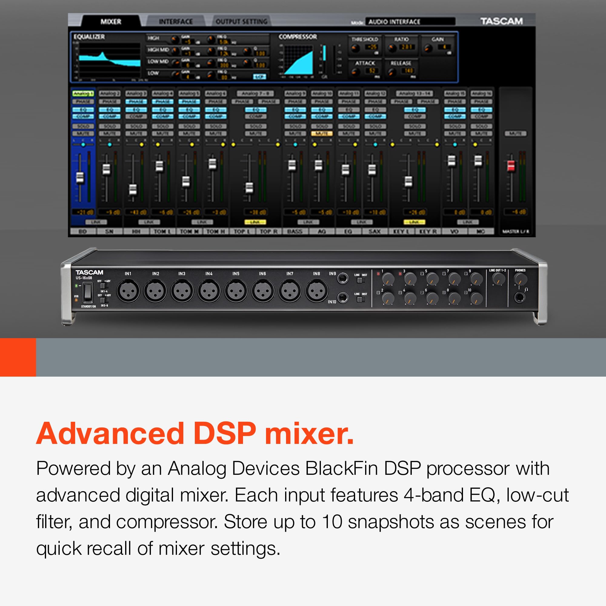 Tascam US-16x08 Rackmount USB Audio/MIDI Interface for Recording, Drum Recording, 8 XLR/8 1/4" Inputs, 8 Outputs, Control Software,Black