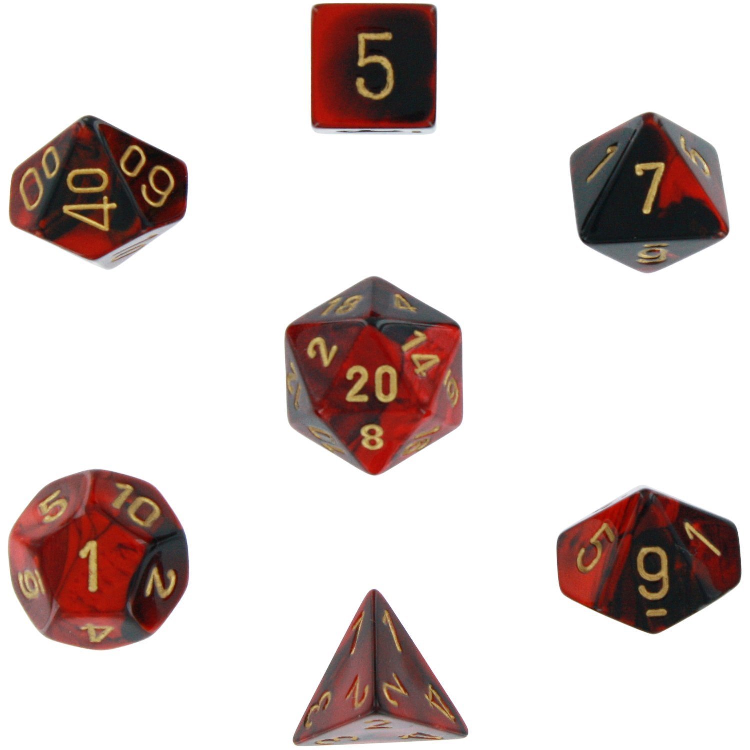 Chessex Manufacturing Polyhedral 7-Die Gemini Dice Set: Black & Red with Gold (d4, d6, d8, d10, d12, d20 & d00) CHX-26433