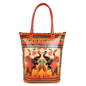 twin royal elephants design ethnic hand embossed shantiniketan leather indian shopping bag