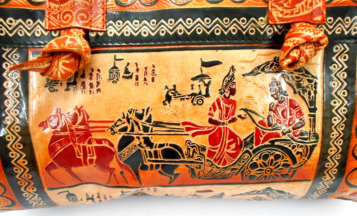 Crafts of India Krishna giving Gita Updesa to Arjuna Design Ethnic Hand Embossed Shantiniketan Leather Indian Shoulder Bag