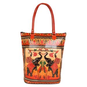 Twin Royal Elephants Design Ethnic Hand Embossed Shantiniketan Leather Indian Shopping Bag