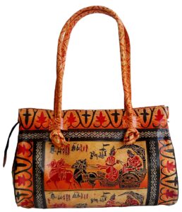 crafts of india krishna giving gita updesa to arjuna design ethnic hand embossed shantiniketan leather indian shoulder bag