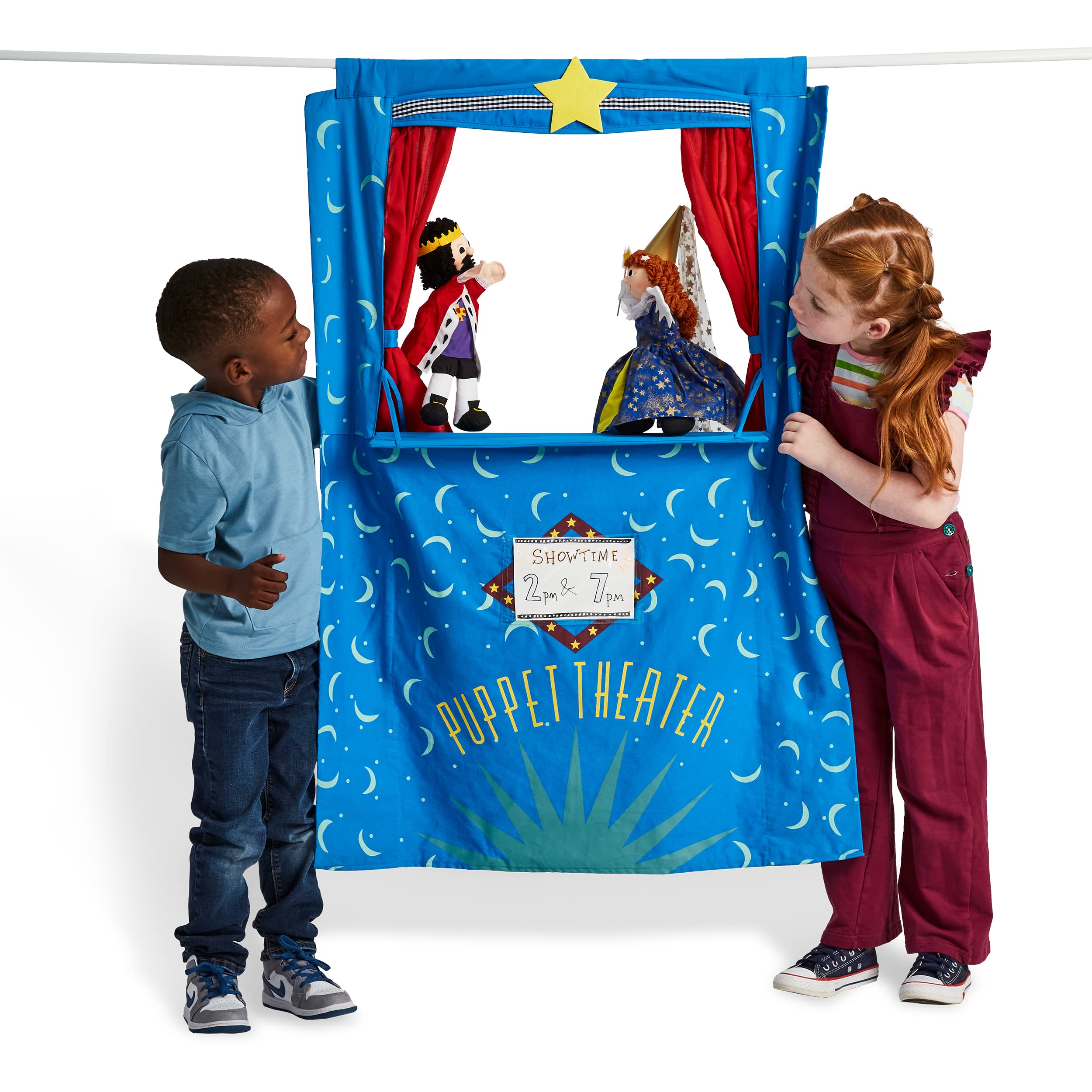 Hearthsong Hanging Doorway Puppet Theater, 47"L x 32"W, Adjustable Extended Rod, Foldable Shelf, Ages 4 and Up