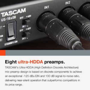 Tascam US-16x08 Rackmount USB Audio/MIDI Interface for Recording, Drum Recording, 8 XLR/8 1/4" Inputs, 8 Outputs, Control Software,Black