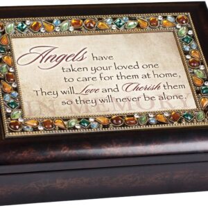 Cottage Garden Angels Care for Them at Home Sympathy Bereavement Jeweled Lid Musical Jewelry Box with Dark Burl Wood Finish - Plays On Eagle's Wings