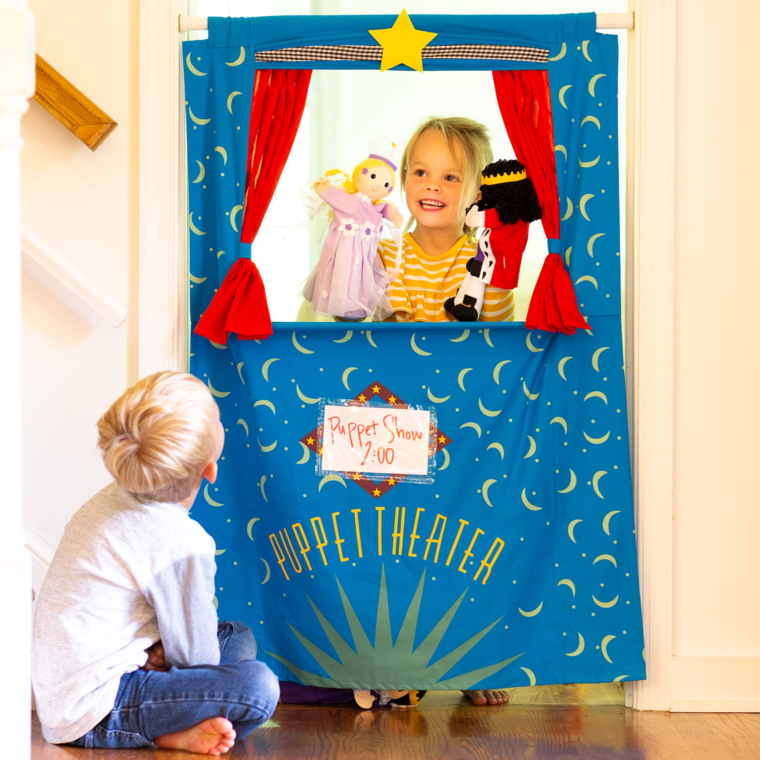 Hearthsong Hanging Doorway Puppet Theater, 47"L x 32"W, Adjustable Extended Rod, Foldable Shelf, Ages 4 and Up