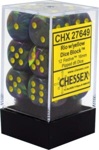 chessex dice d6 sets: festive rio marble swirl with yellow pips - 16mm six sided die (12) block of dice