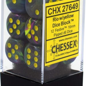 Chessex Dice d6 Sets: Festive Rio Marble Swirl with Yellow Pips - 16mm Six Sided Die (12) Block of Dice