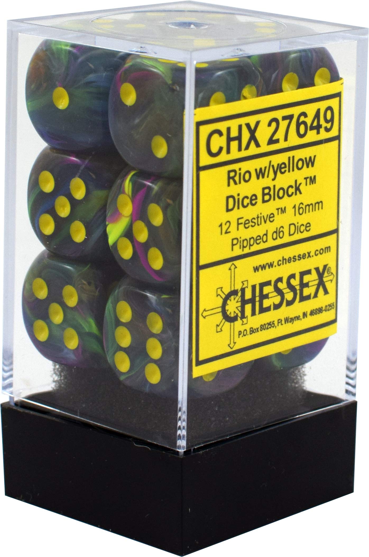 Chessex Dice d6 Sets: Festive Rio Marble Swirl with Yellow Pips - 16mm Six Sided Die (12) Block of Dice