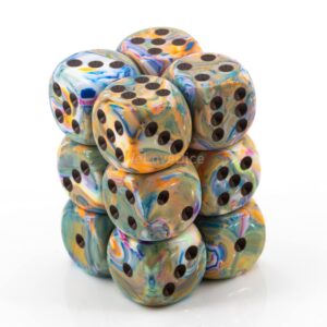 chessex dice d6 sets: festive vibrant swirl with brown pips - 12mm six sided die (36) block of dice