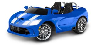 kid trax dodge viper srt convertible toddler ride on toy, ages 3 - 7 years old, 12 volt battery, max weight of 130 lbs, two seater, working lights, blue/stripe