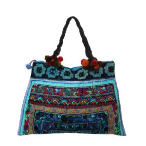 changnoi Unique Fair Trade Tote Bag Embroidered Fabric Large Size from Thailand (Bird Blue)