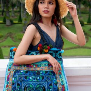 changnoi Unique Fair Trade Tote Bag Embroidered Fabric Large Size from Thailand (Bird Blue)