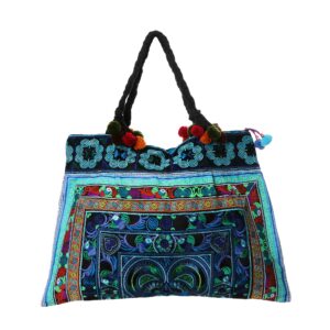 changnoi unique fair trade tote bag embroidered fabric large size from thailand (bird blue)