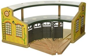 maxim enterprise, inc. wooden train round house with 5-way switch track for kids, norrington wood train shed with 5 doors. houses 5 engines & cars, compatible with major brand wooden railways