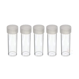 (5) edgar marcus brand round clear plastic (dime) size coin storage tube holders with screw on lid