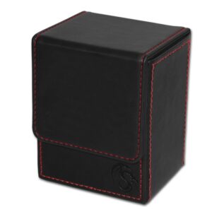 bcw deck case lx | holds 80 sleeved gaming cards | black leatherette with red stitching | magnetic closure | durable card storage for magic, pokémon and star wars