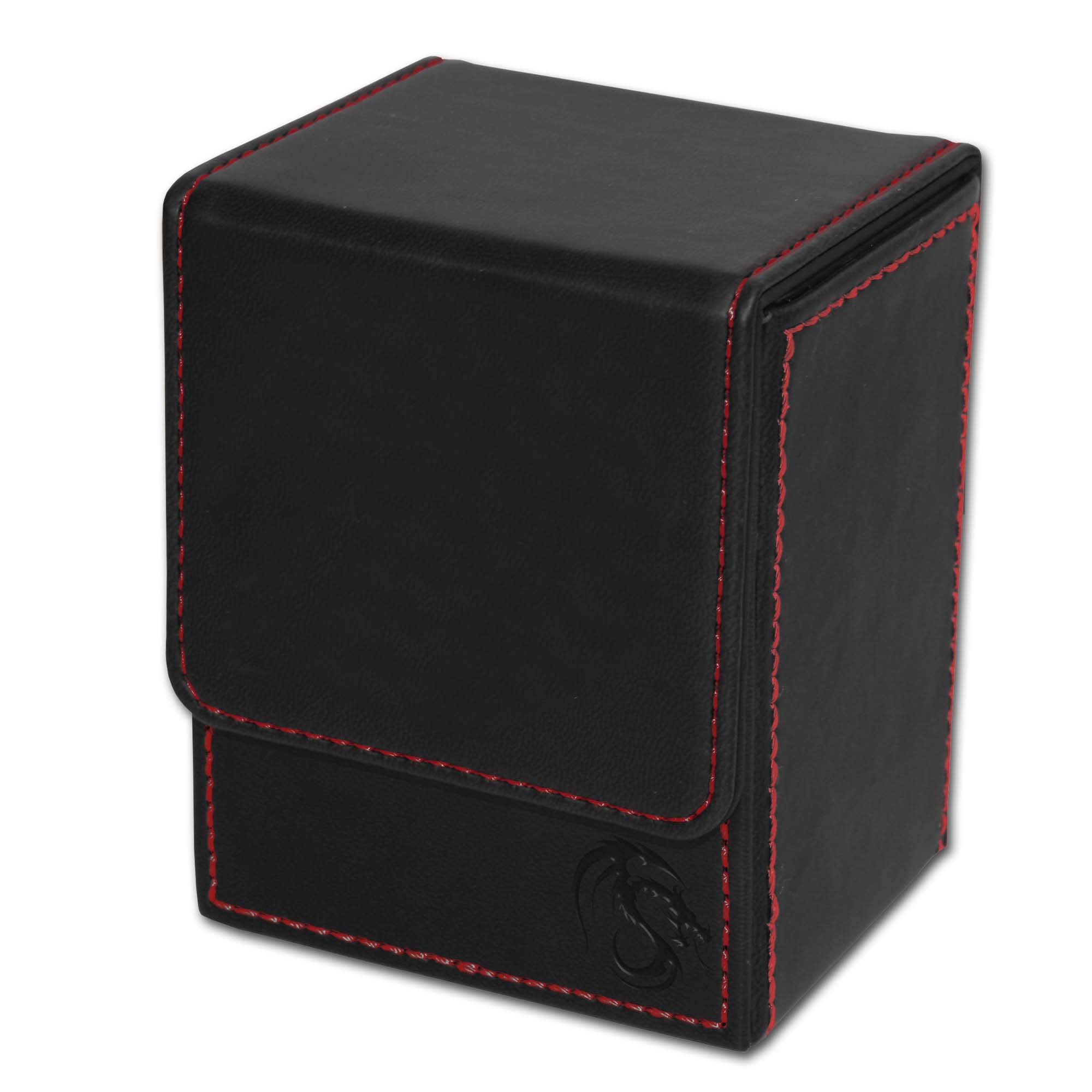 BCW Deck Case LX | Holds 80 Sleeved Gaming Cards | Black Leatherette with Red Stitching | Magnetic Closure | Durable Card Storage for Magic, Pokémon and Star Wars