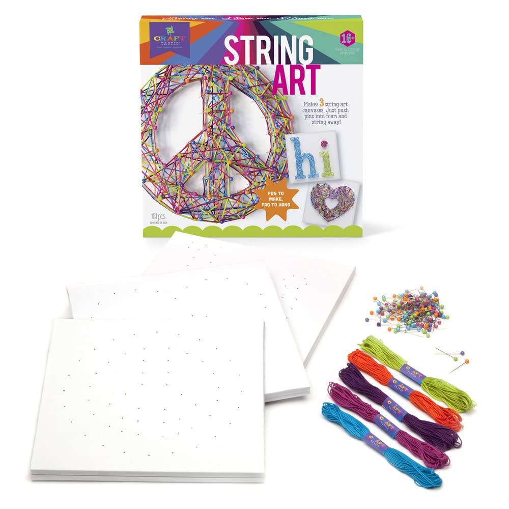 Craft-tastic – String Art – Craft Kit Makes 3 Large Canvases – Peace Sign Edition, Model Number: CTE40