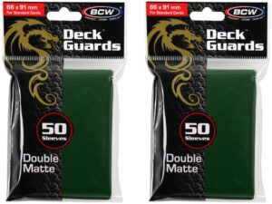 bcw 100ct deck guard green matte finish for stardard size collectable cards - deck protector sleeves [2-pack bundle]