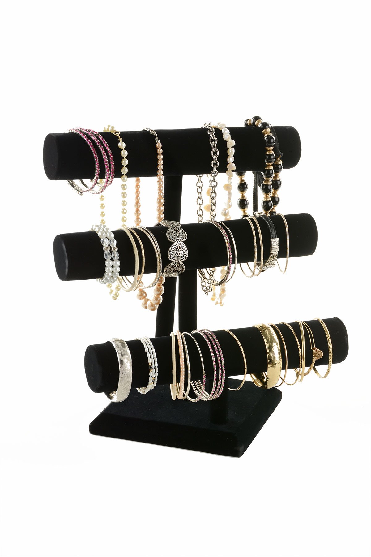 Displays2go 3-Tier Necklace T-Bar Tray, Black Velvet