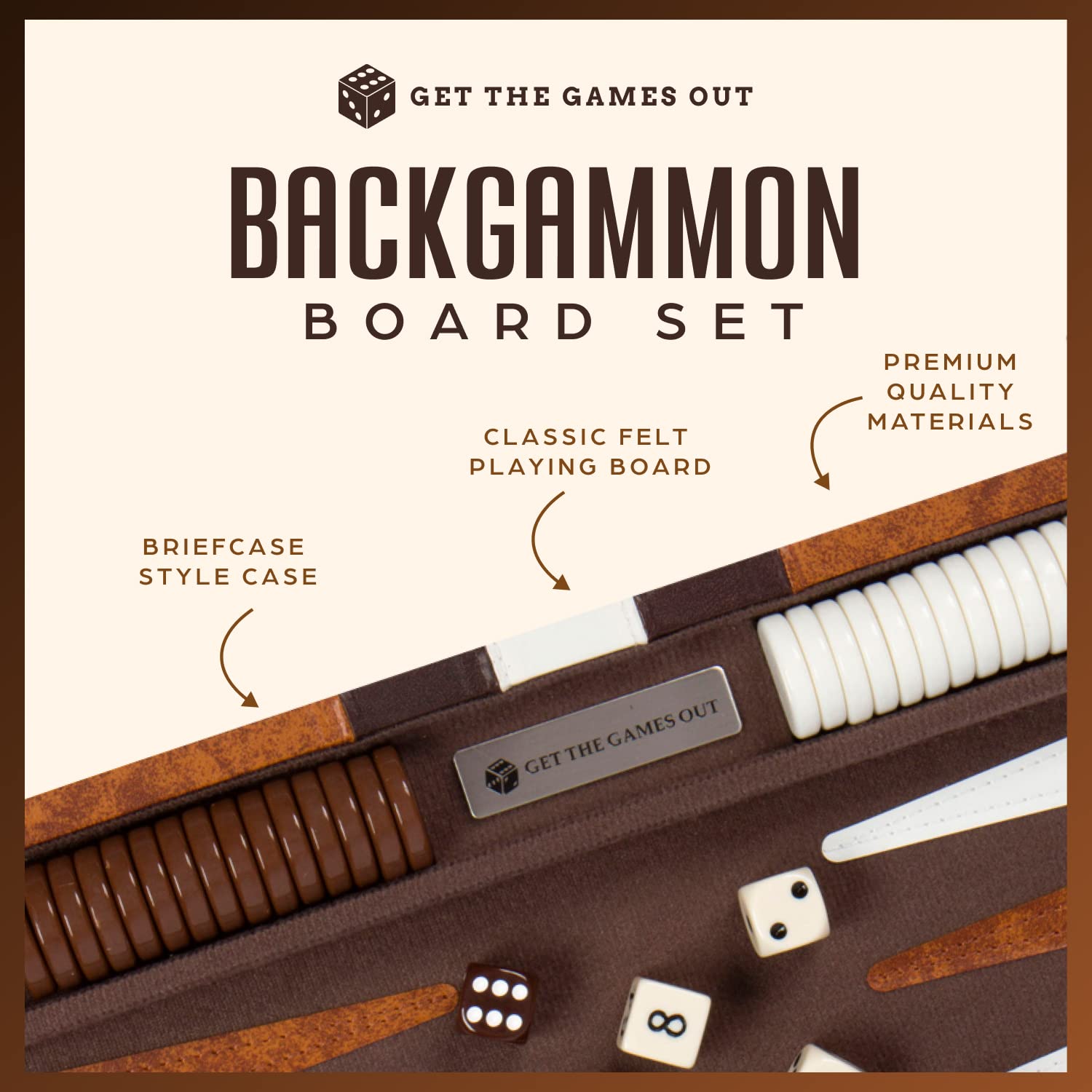 Get The Games Out Top Backgammon Set - Classic Board Game Case - 2 Players - Best Strategy & Tip Guide - Available in Small, Medium and Large Sizes (Brown, Medium)