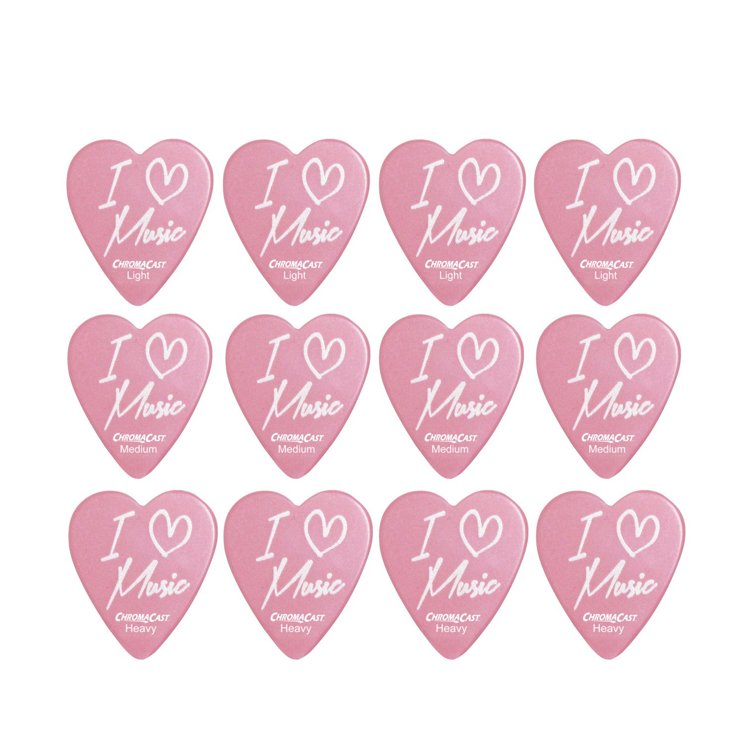 ChromaCast CC-HS-LM-12-PACK "I Love Music" Heart Shaped Picks in Light, Medium and Heavy Gauge - 12-Pack