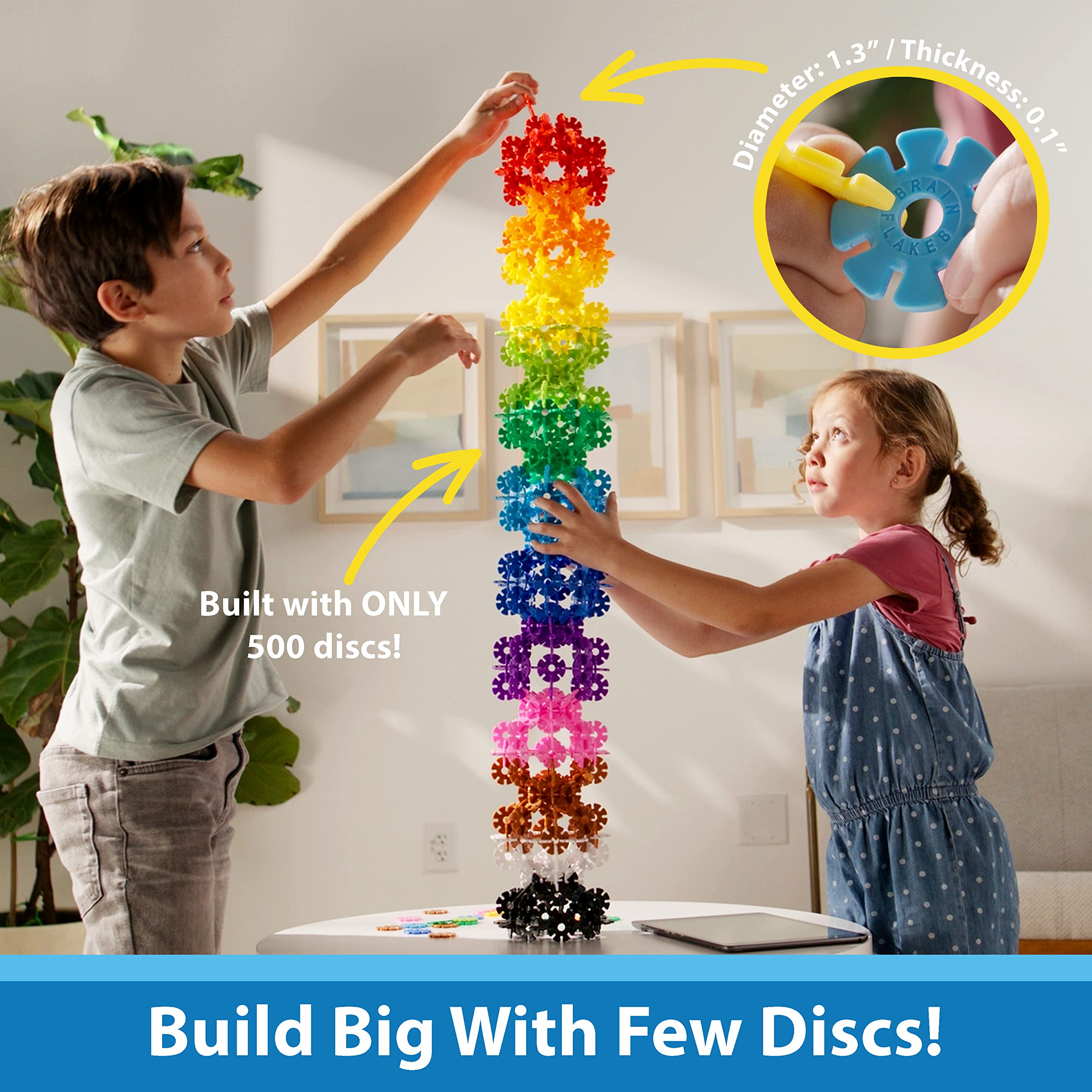 Brain Flakes 500 Piece Set, Ages 3+, Interlocking Plastic Disc Toy for Creative Building, Educational STEM Learning, Construction Block Play for Kids, Teens, Adults, Boys, and Girls