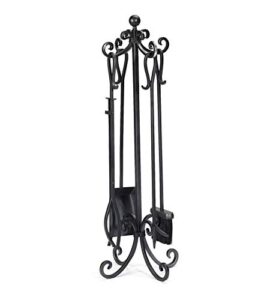 plow & hearth crest fireplace 4-piece tool set with stand, solid steel, convenient hanging loops, tongs, poker, shovel, broom, decorative and functional, approx. 12"" diam. x 34¾"" h (black)