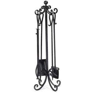 Plow & Hearth Crest Fireplace 4-Piece Tool Set with Stand, Solid Steel, Convenient Hanging Loops, Tongs, Poker, Shovel, Broom, Decorative and Functional, Approx. 12"" diam. x 34¾"" H (Black)